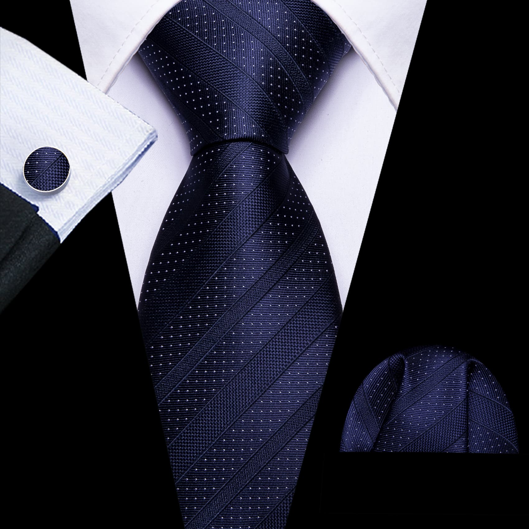 Barry Wang Striped Tie Dark Midnight Blue Mens Business Work Tie Set ...