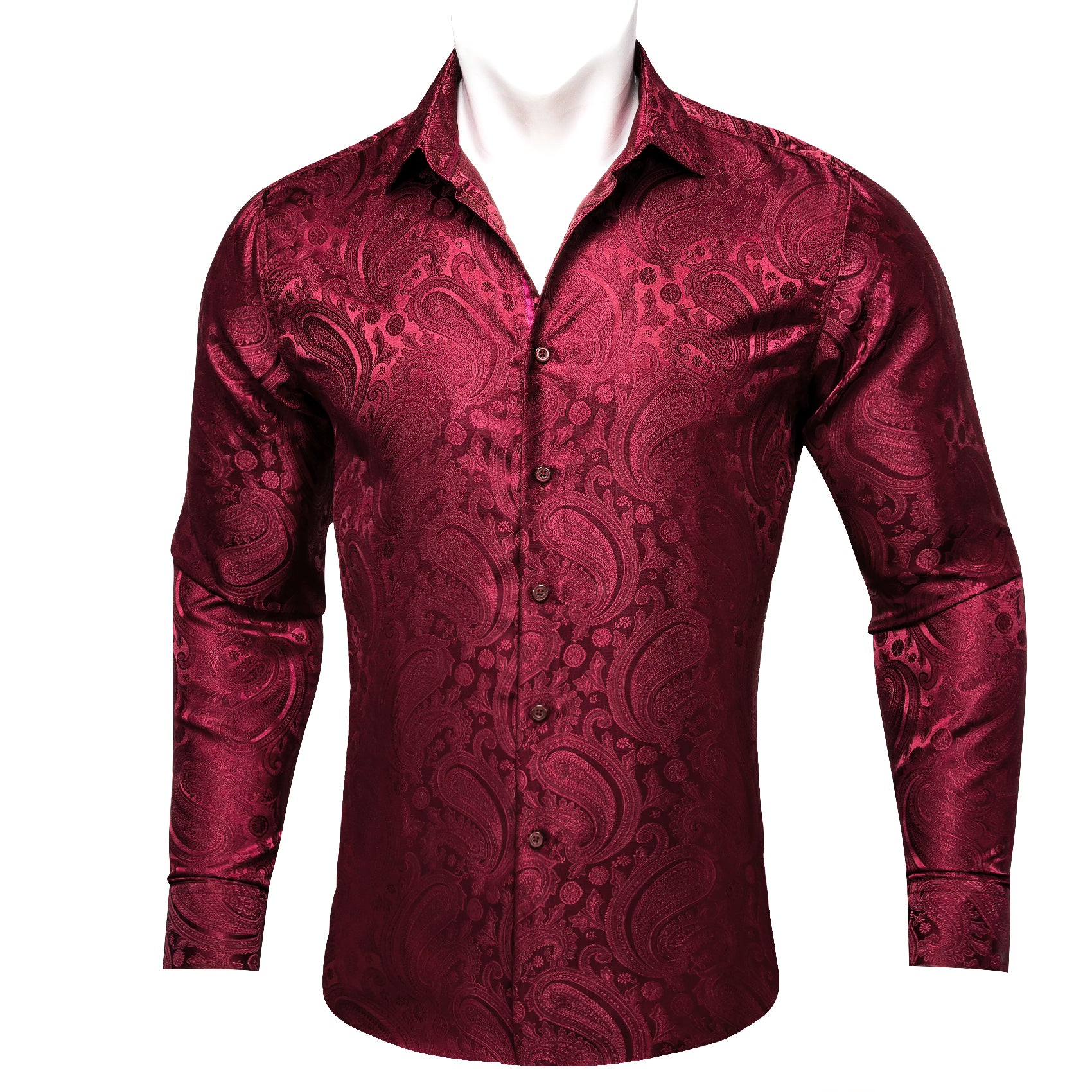Barry Wang Dark Red Shirts Men's Paisley Long Sleeve Silk Dress Shirt