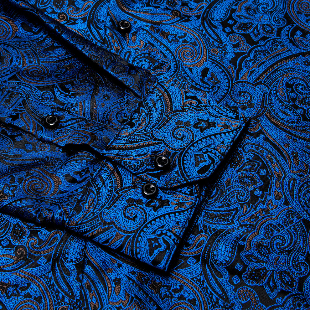 Barry. Wang Royal Blue Paisley Dress Shirt Western Casual Wrinkle Free