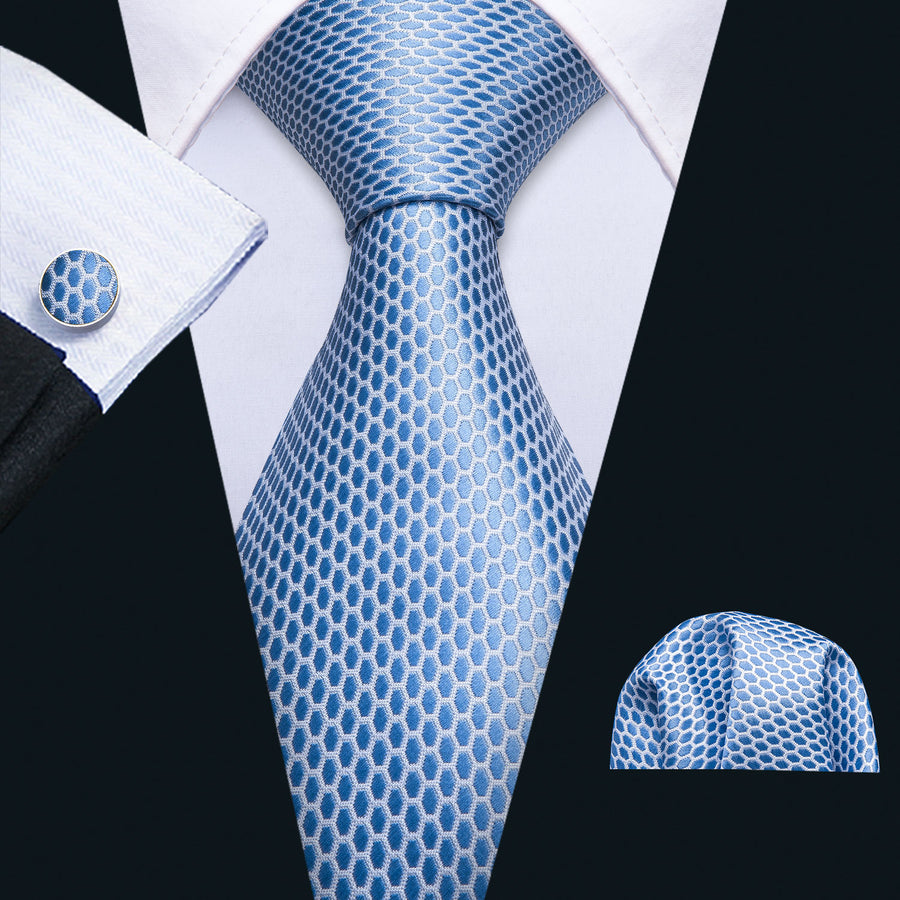 Barry Wang Skyblue Geometric Tie Pocket Square Cufflinks Set for Men