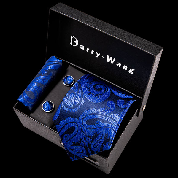 Barry. Wang Blue Paisley Men's Tie Pocket Square Cufflinks Gift Box Se