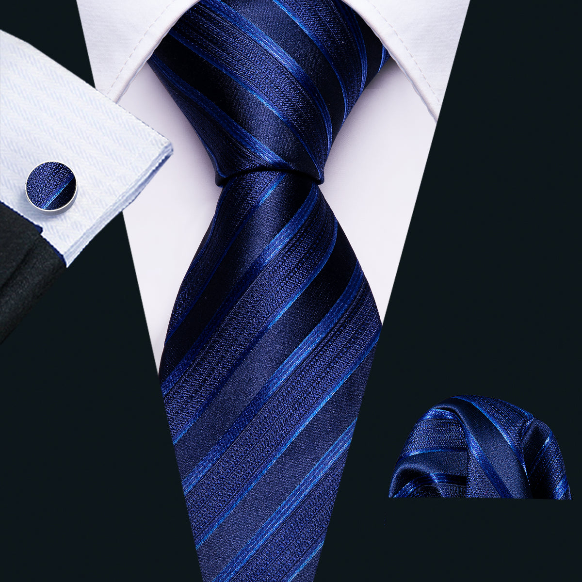 Barry. Wang Necktie Deep Blue Striped Tie Pocket Square Cufflinks Set