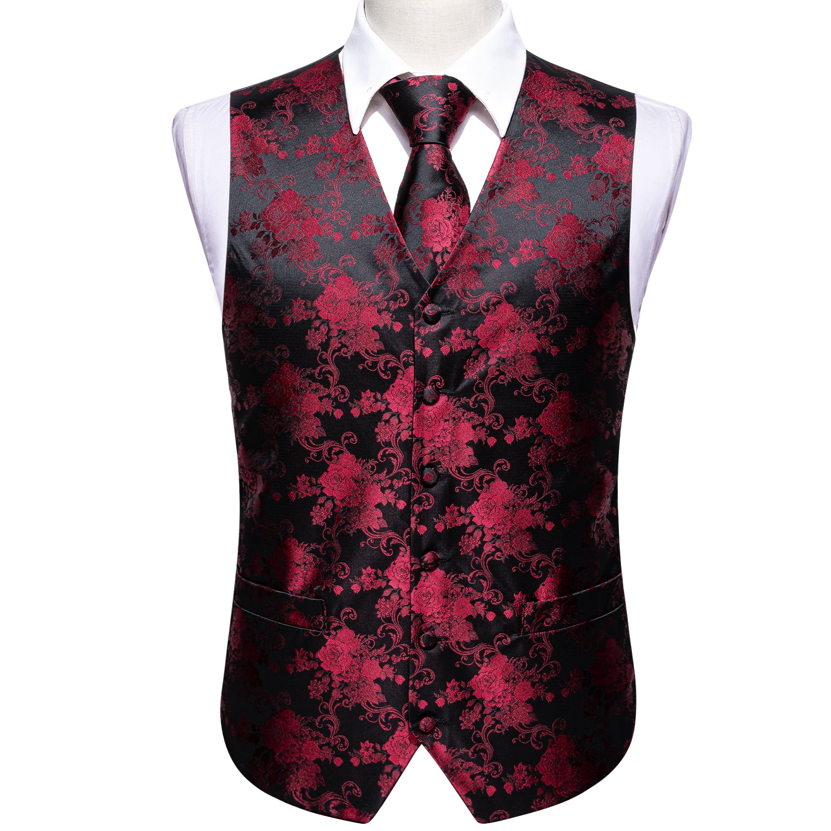 Barry Wang Black Red Flower Vest Necktie Pocket Square Cufflinks Set – Barry. Wang