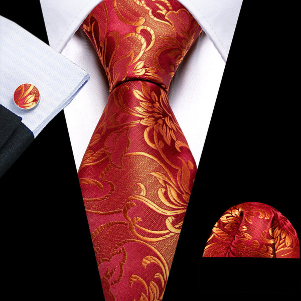 Barry. Wang Floral Tie Red Gold Paisley Silk Necktie Hanky Cufflinks S